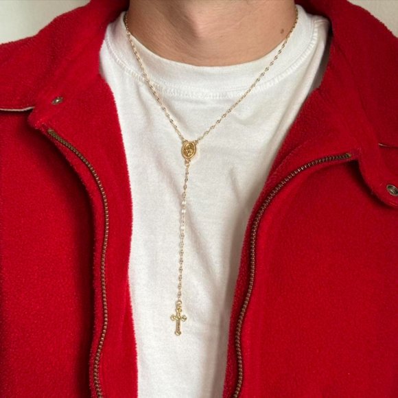 Accessories | Y2k 200s Gold Rosary Bead Style Jesus Piece Necklace ...